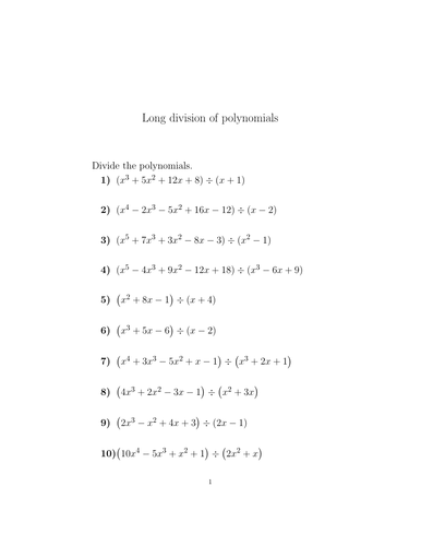 Long division of polynomials worksheet no 2 (with solutions) | Teaching ...