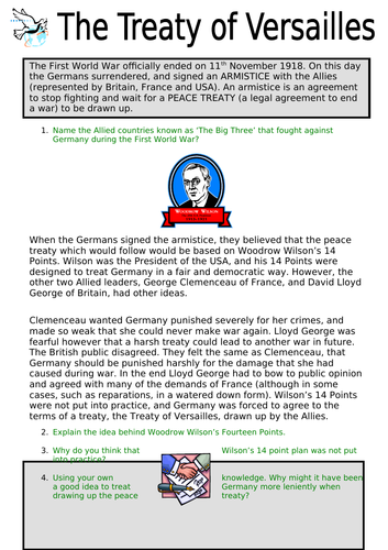 Work sheet on Treaty of Versailles | Teaching Resources