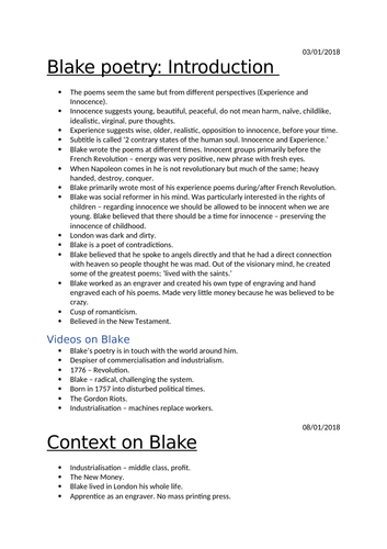 Blake Poetry Class Notes | Teaching Resources