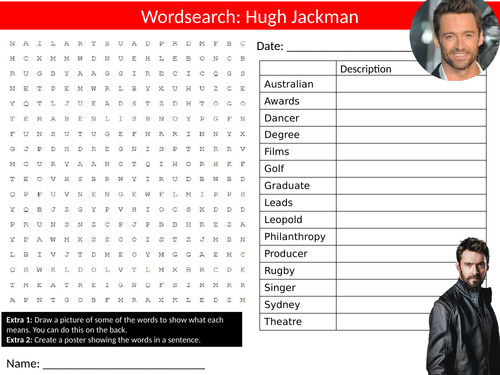 Hugh Jackman Wordsearch Sheet Starter Activity Keywords Cover Homework ...