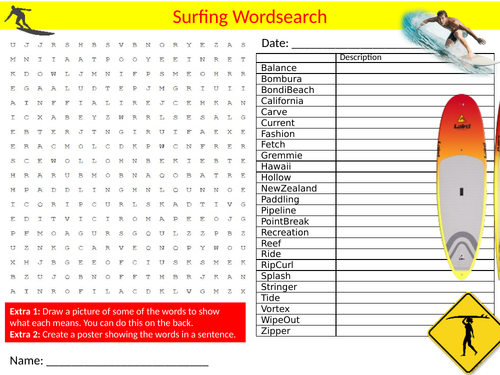 Surfing Wordsearch Sheet Starter Activity Keywords Cover Homework Water ...