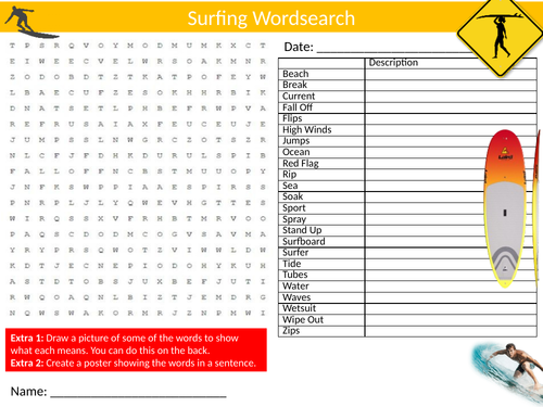 2 x Surfing Wordsearch Sheet Starter Activity Keywords Cover Homework ...