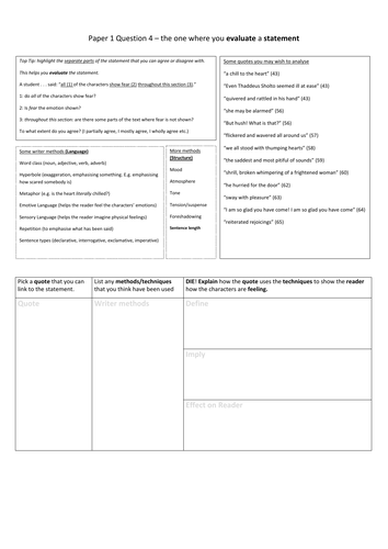 Paper 1 Question 4 Scaffolded Table Sheet (GCSE English Language AQA ...