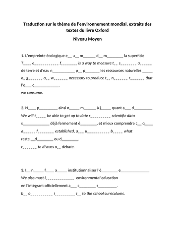 IB French B l'environnement mondial | Teaching Resources