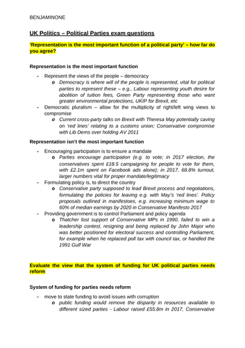 UK POLITICS ESSAY PLANS: CH2 (A Level Politics) | Teaching Resources