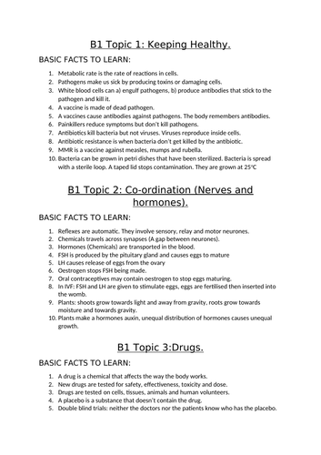 AQA Biology topics B1 and B2 basic fact sheets, B1, B2 and B3 detailed ...