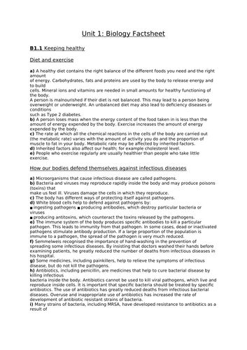 AQA Biology topics B1 and B2 basic fact sheets, B1, B2 and B3 detailed ...