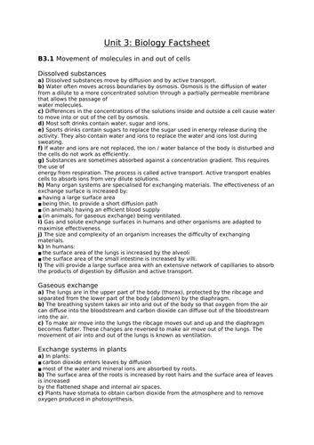 AQA Biology topics B1 and B2 basic fact sheets, B1, B2 and B3 detailed ...