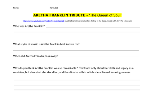 Aretha Franklin Tribute&Music for Occasions Listening | Teaching Resources