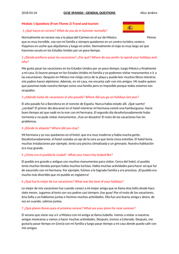 Level 9 GCSE Spanish Oral Question and Answers | Teaching Resources