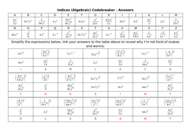 Indices (Algebraic) Codebreaker | Teaching Resources