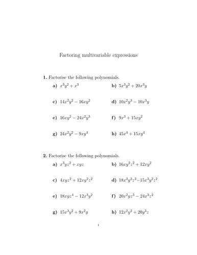 Factoring multivariable expressions worksheet no 3 (with solutions ...