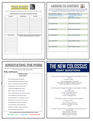 The New Colossus - Emma Lazarus - Comprehension Activities Booklet ...