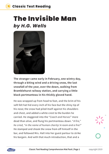 KS2 Classic Text Reading Comprehension Pack The Invisible Man, A ...