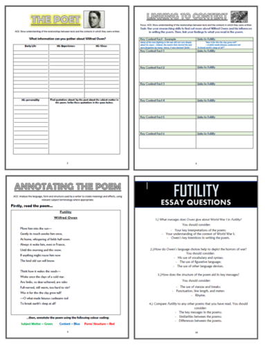 Futility - Wilfred Owen - Comprehension Activities Booklet! | Teaching ...