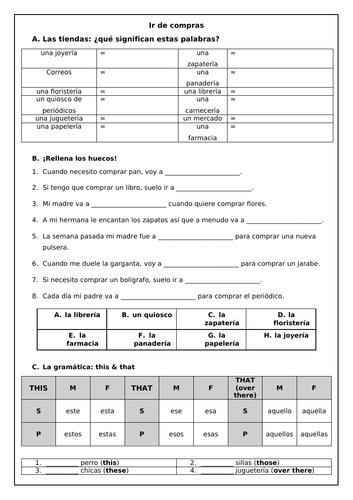 Spanish GCSE Ir de compras resources pack: vocabulary, translation ...
