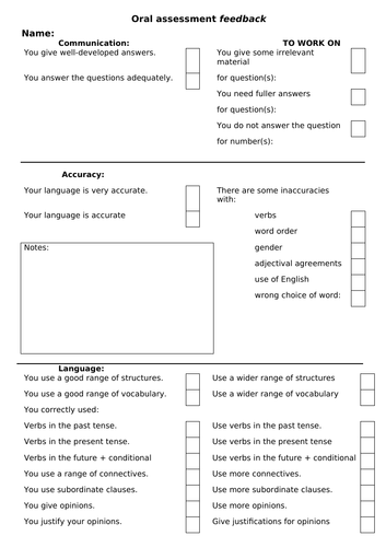 Feedback for Spanish oral exam | Teaching Resources