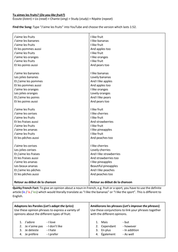 J'aime les fruits - Catchy French song worksheet with grammar ...