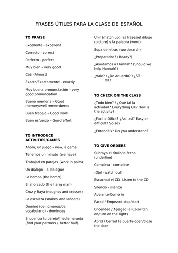 Frases utiles para la clase de español - Useful phrases for the Spanish ...