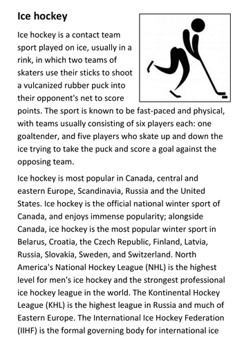 Ice hockey Handout | Teaching Resources