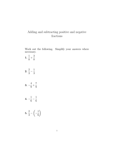 Adding and subtracting positive and negative fractions worksheet no 3 ...