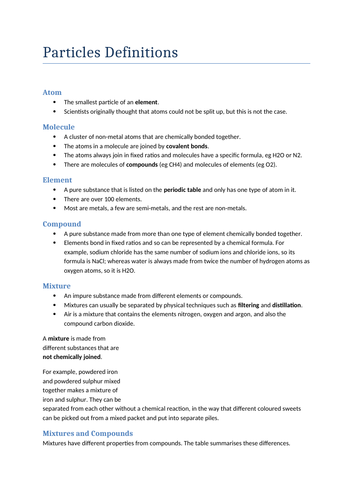 GCSE Chemistry Key Definitions Sheet | Teaching Resources