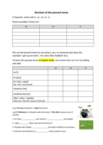 Worksheet to review the present tense in Spanish (regular verbs ...