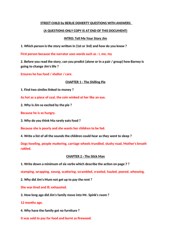 STREET CHILD - Berlie Doherty - KS2 reading / comprehension QUESTIONS ...