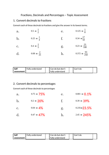Fractions, decimals & percentages skills | Teaching Resources