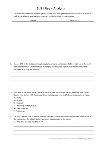Still I Rise - Maya Angelou - Comprehension and analysis worksheets ...
