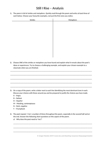 Still I Rise - Maya Angelou - Comprehension and analysis worksheets ...