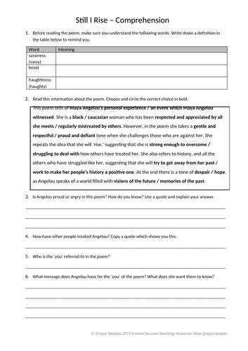 Still I Rise - Maya Angelou - Comprehension and analysis worksheets ...