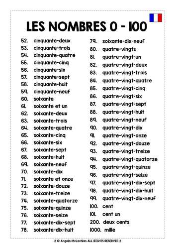 FRENCH NUMBERS 0-100 REFERENCE LIST | Teaching Resources