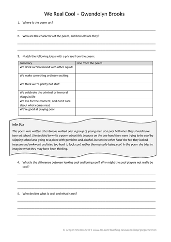 We Real Cool - Gwendolyn Brooks - Comprehension and analysis worksheet ...