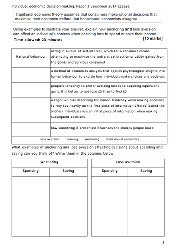 Aqa A Level Economics Behavioural Economics Paper 1 Specimen 2014