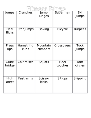 Fitness Bingo! | Teaching Resources