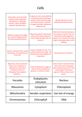 GCSE Biology Revision Cells Matching Activity Cambridge | Teaching ...