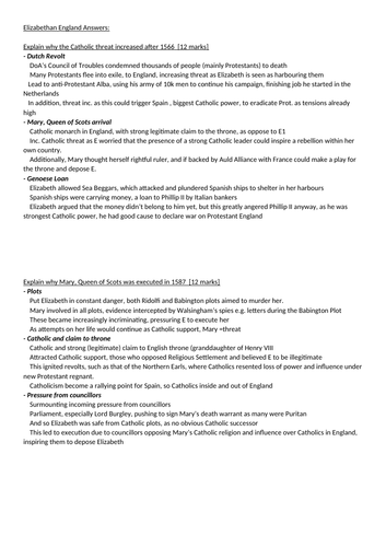 GCSE Edexcel History- Elizabethan Englands: 12 and 16marker planned ...