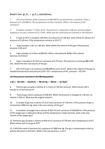 Boyle's law calculations. 13 questions, with some unit conversion ...