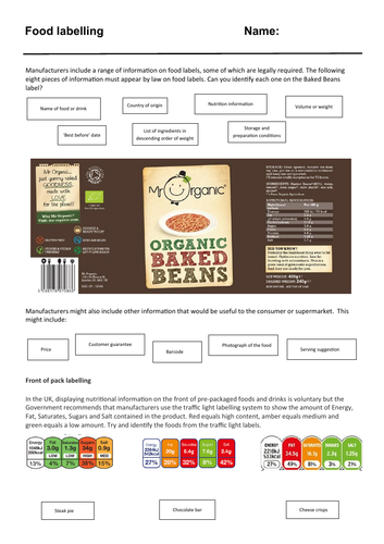 Food cover work / cover lesson - Food labelling - 1hr activity ...