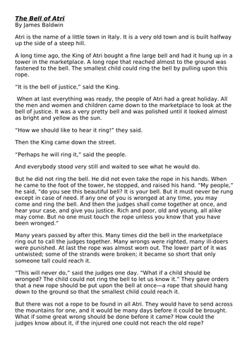 KS3 Comprehension James Baldwin-"The Bell of Atri" | Teaching Resources