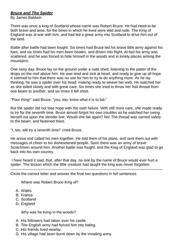 KS3 Reading Comprehension James Baldwin-"Bruce and The Spider ...