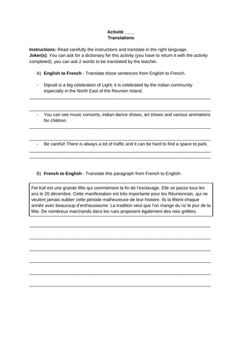 French Full lesson - Activities (translation, reading, grammar, writing ...