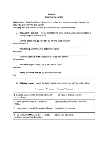 French Full lesson - Activities (translation, reading, grammar, writing ...