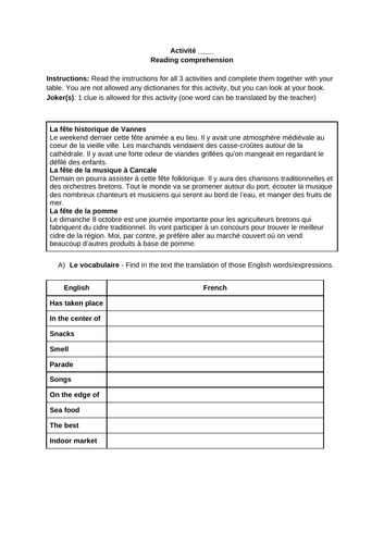 French Full lesson - Activities (translation, reading, grammar, writing ...