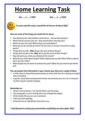 Getting to know your New Class - Homework Activity | Teaching Resources