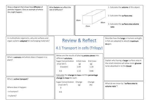 AQA KS4 B4.1 Cell Biology - Transport in Cells Review and Reflect ...