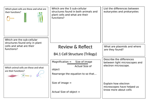 AQA Unit B4.1 KS4 Cell Structure review & reflect worksheet | Teaching ...