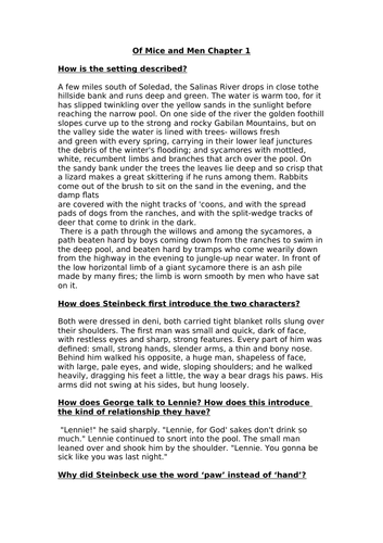 Of Mice & Men Chapter 1 Questions | Teaching Resources