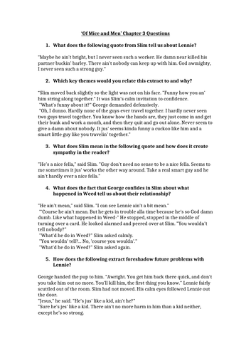 Of Mice & Men Chapter 3 Questions | Teaching Resources